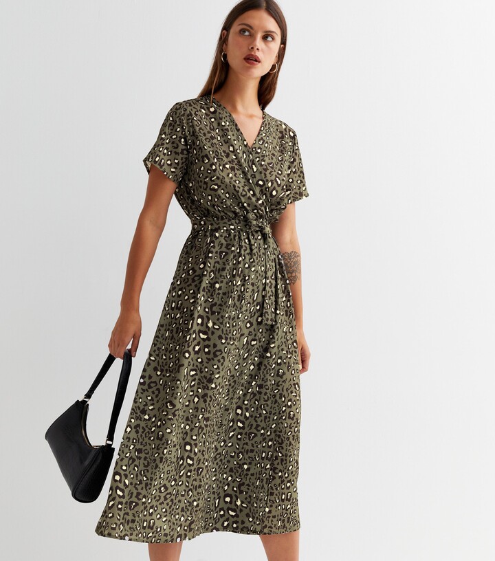 Gini London Olive Leopard Print Midi Wrap Dress - ShopStyle