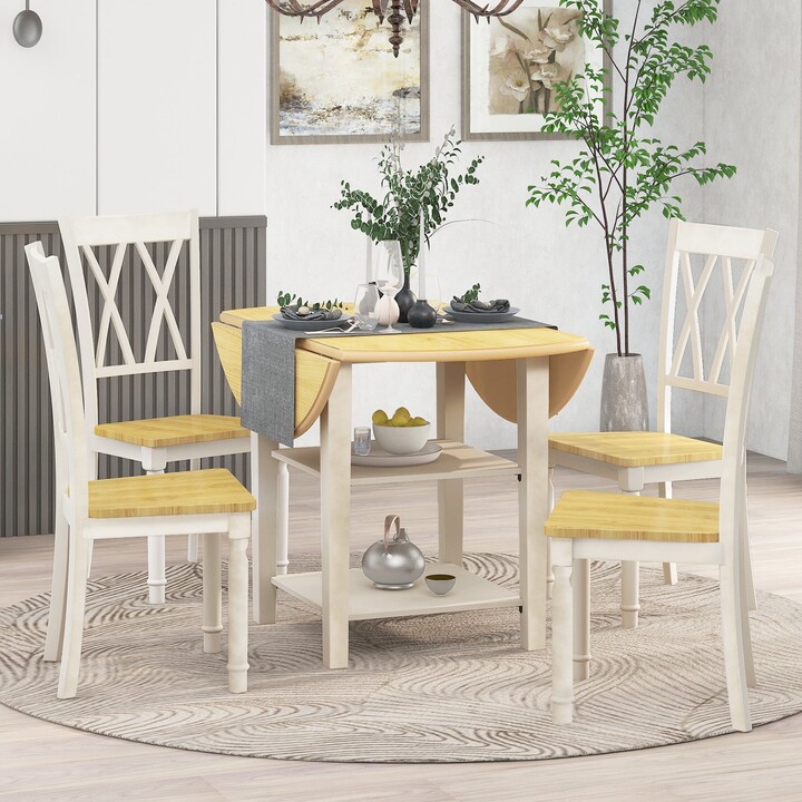 CTEX Wooden Round Dining Table Set with 2 tier Storage Shelves and 4 ...