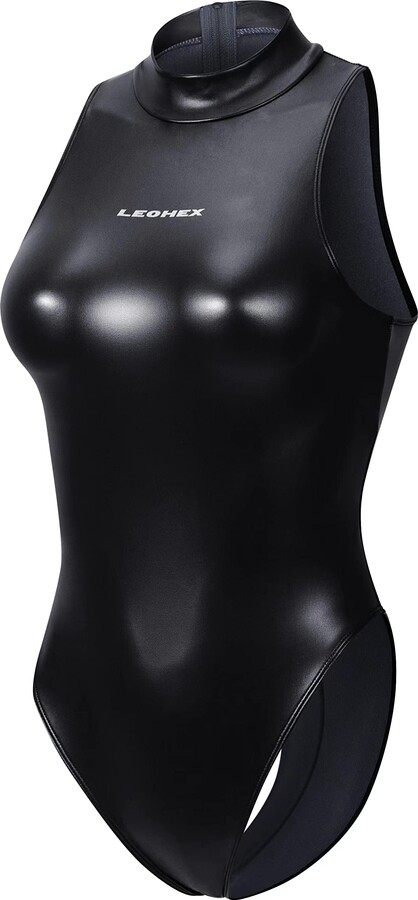 LEOHEX Metallic Shiny Spandex Leotard Sexy Sheer Rave Hot Bodysuit High Neck One Piece Swimsuit ...