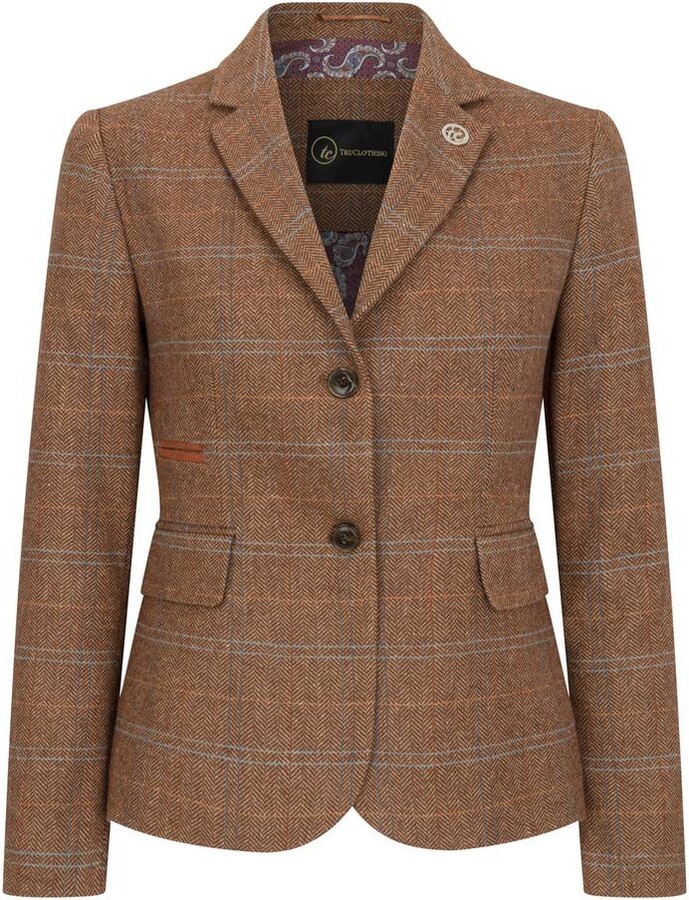 Infinity Leather Women's Tailored Fit Tweed Blazer in Herringbone Check - Brown - ShopStyle