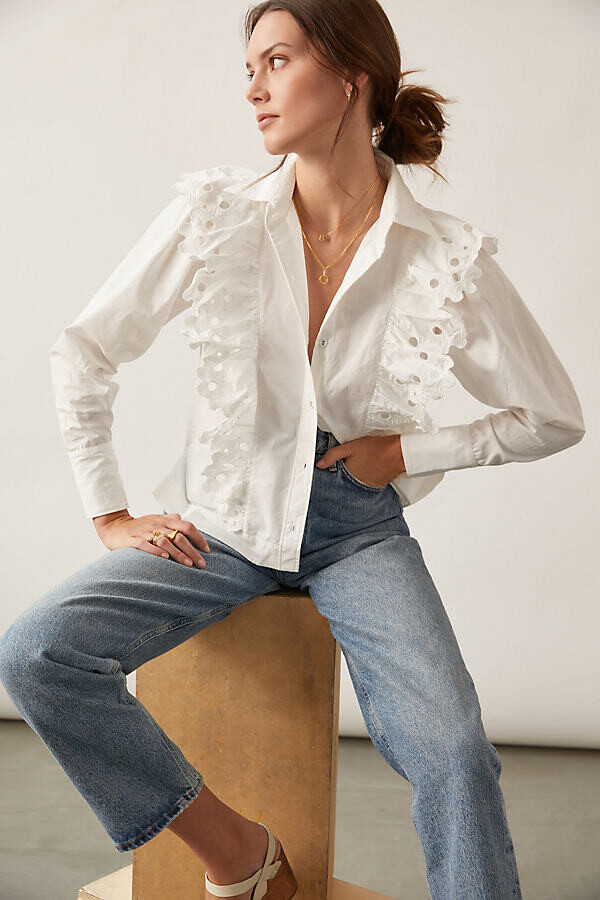 Magali Pascal Eyelet Ruffled Buttondown White - ShopStyle Tops