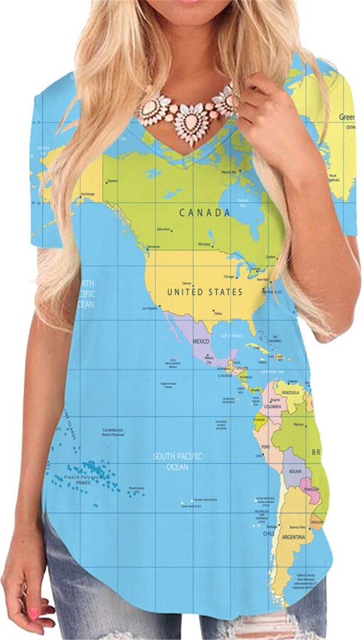 KYKU World Map Clothing Women V Neck Globe Tee Shirt Geography Teacher ...