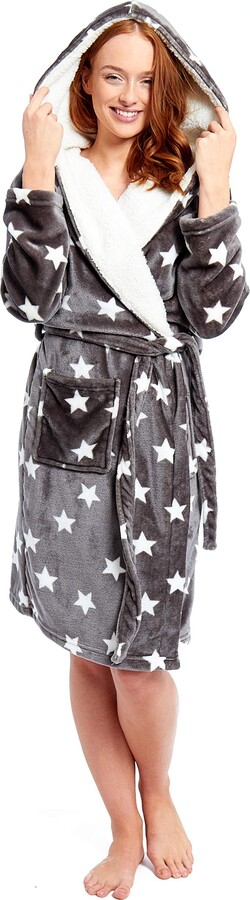 Slumber Hut® Womens Girls Fleece Dressing Gown Grey Star Sherpa Hooded ...