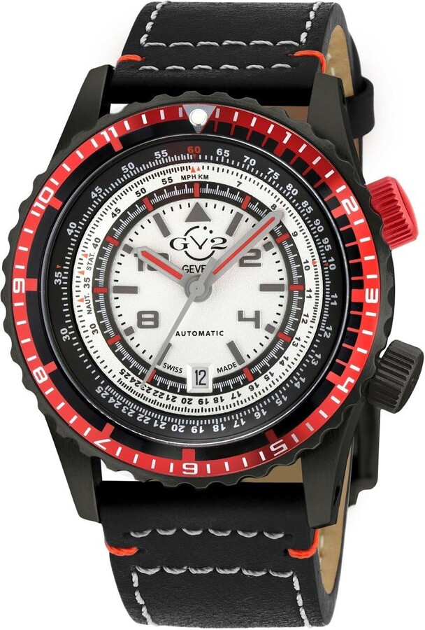 GV2 Contasecondi Swiss Automatic Silver/Red Dial Black Calfskin Leather ...