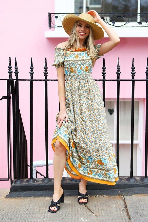 TENKI Short Sleeve Floral Off Shoulder Bardot Maxi Dress - ShopStyle