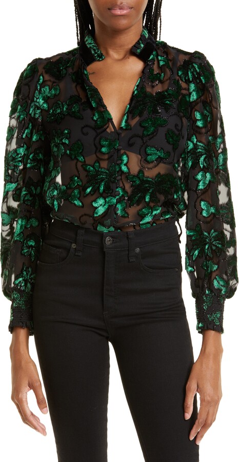 Alice + Olivia Zina Burnout Velvet Sheer Blouse - ShopStyle Long Sleeve ...