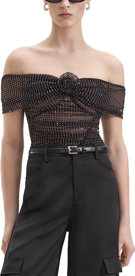 Female Self-Portrait Off-the-Shoulder Embellished Fishnet Top - ShopStyle