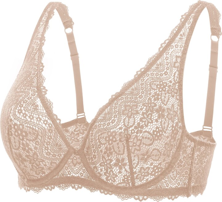 DOBREVA Women's Plunge Lace Bra Plus Size Sexy See Through Underwired ...