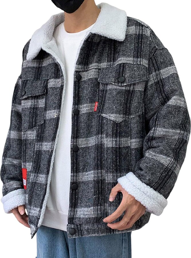 Duohropke Men's Checked Jacket Fleece Lining Jacket Standard Outdoor ...