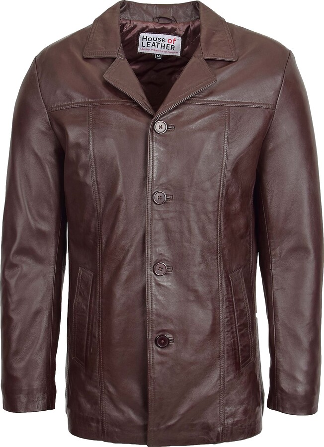 House Of Leather Mens Real Leather Reefer Jacket Classic Button Style ...