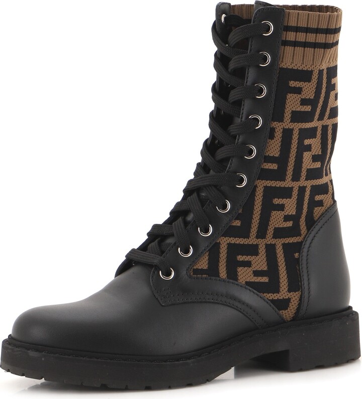 Fendi Women's Rockoko Combat Boots Leather and Zucca Knit Stretch Fabric - ShopStyle