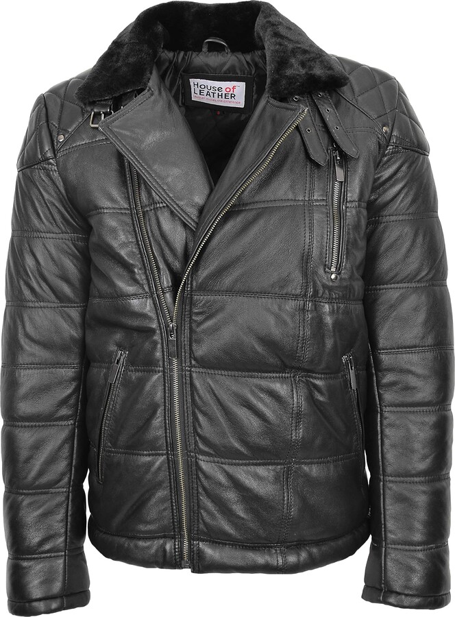 House Of Leather Mens Real Leather Biker Puffer Jacket Cross Zip Style ...