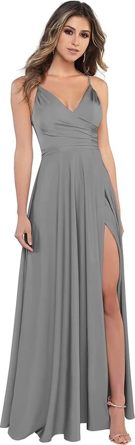 HYEC7 Women's Spaghetti Straps Satin Bridesmaid Dresses with Slit V ...