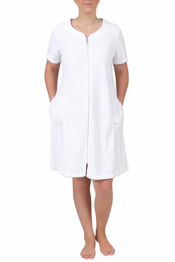Miss Elaine Floral-Embossed Short Zipper Terry Robe - ShopStyle