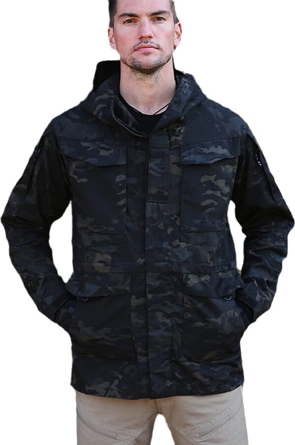 LANG XU GLASS Men's Spring Long Tactical Jacket Hooded Trench Field ...