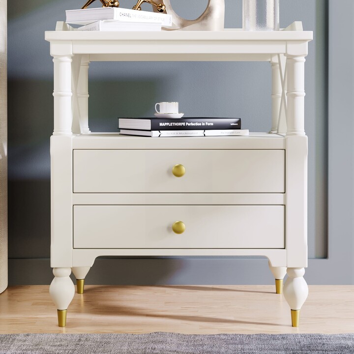 RASOO Modern Traditional Solid Wood 2 Drawer Nightstand with Gold ...