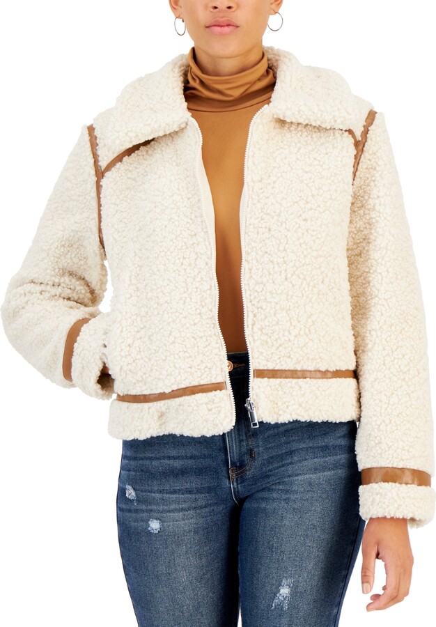 Maralyn & Me Juniors' Faux-Leather-Trim Reversible Fleece Moto Coat, Created for Macy's - ShopStyle