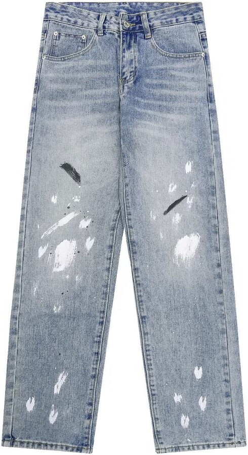 JOELEW Men's Washed Jeans Fashion Ink Splash Print Personality Trend ...