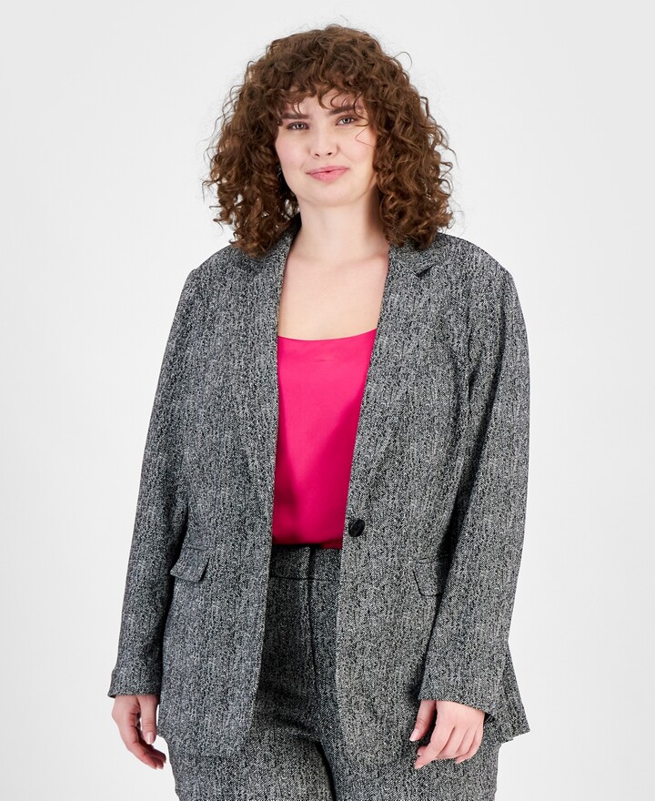 Bar III Plus Size Single-Button Herringbone Jacket - Black/White ...