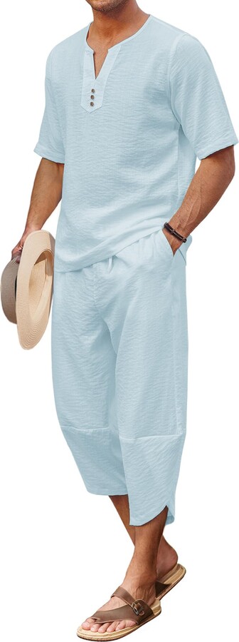 COOFANDY Men's 2 Pieces Linen Set Henley Shirt Short Sleeve and Harem Capri Pants Wide Leg Baggy ...