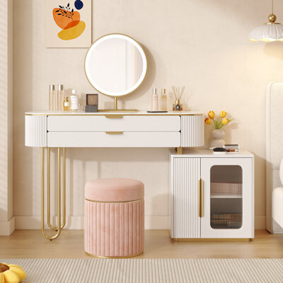 Everly Quinn Noby Mutifunctional Storage White Makeup Vanity ...