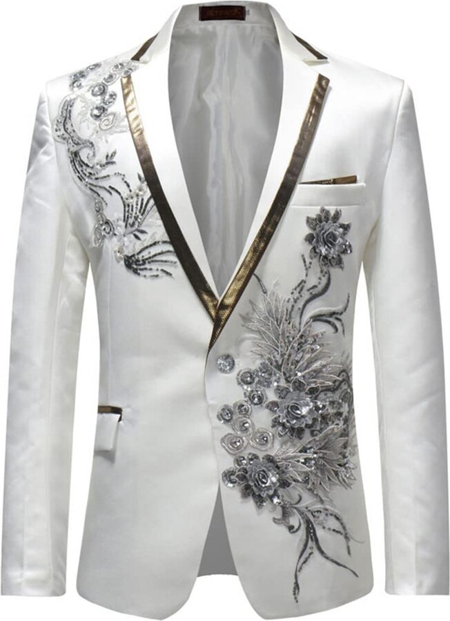 Alloaone Floral Sequin Embroidery Suit Jacket Men Wedding Groom Tuxedo ...