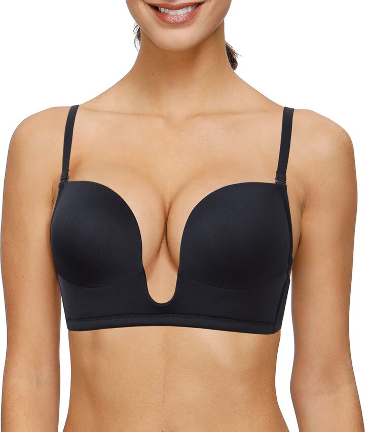 Lwear Women's Deep Plunge U Shape Cleavage Push Up Padded Low Cut Convertible Bra - Black - 34D ...
