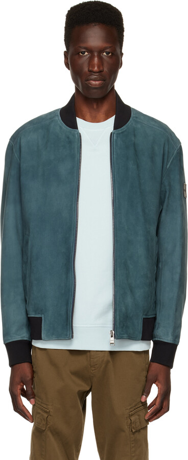 HUGO BOSS Blue Jamaro Leather Bomber Jacket - ShopStyle
