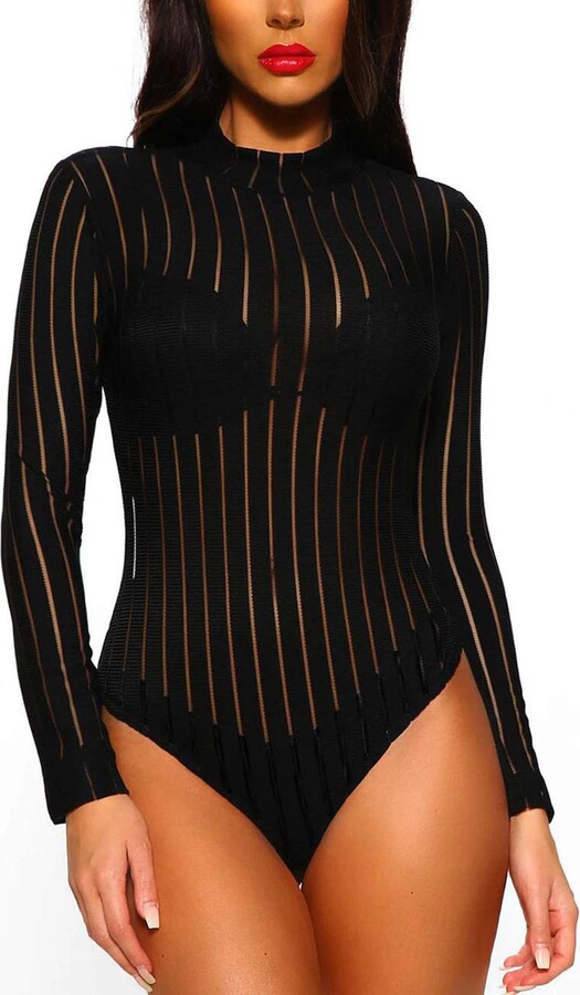 SEBOWEL Women Sexy Sheer Mesh Bodysuit See Through Long Sleeve Leotard Tops Bodycon Blouse T ...