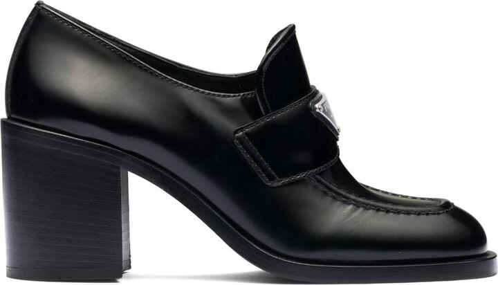 Prada Block Heel Brushed Leather Loafers - ShopStyle Pumps