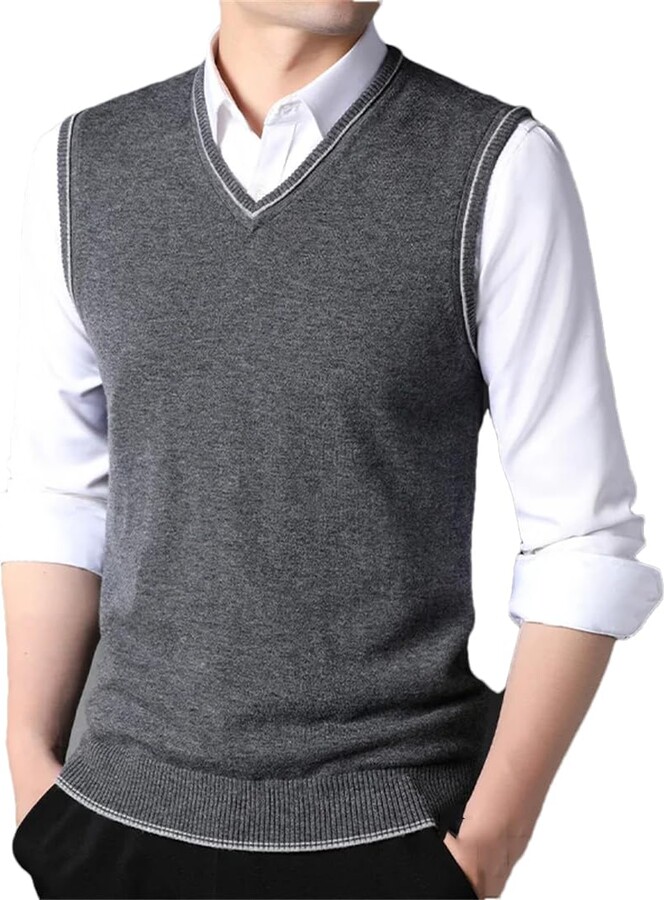 Alloaone Men Wool Vest Fall Winter Wool V-Neck Sweater Loose Sweater ...