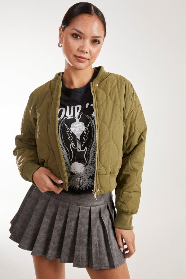 Pink Vanilla Textured Puffer Bomber Jacket - Green - ShopStyle