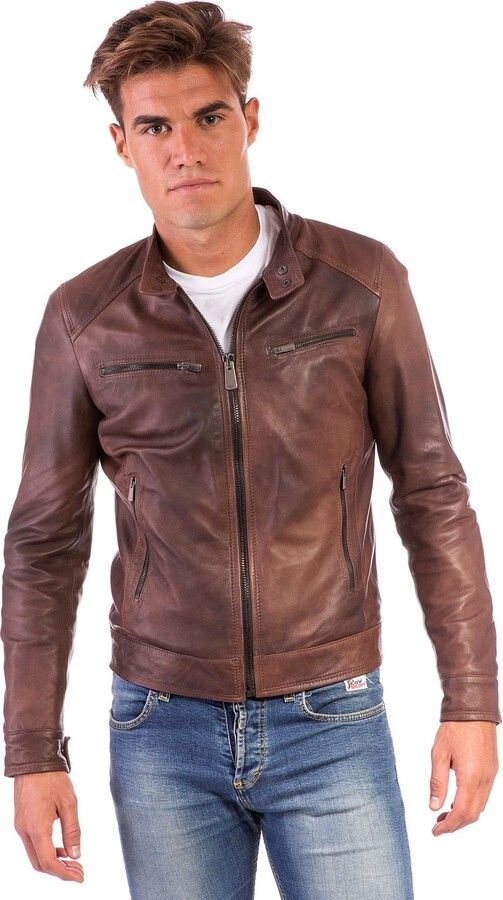 D'Arienzo Mens Italian Brown Leather Jacket Biker Motorcycle Genuine ...