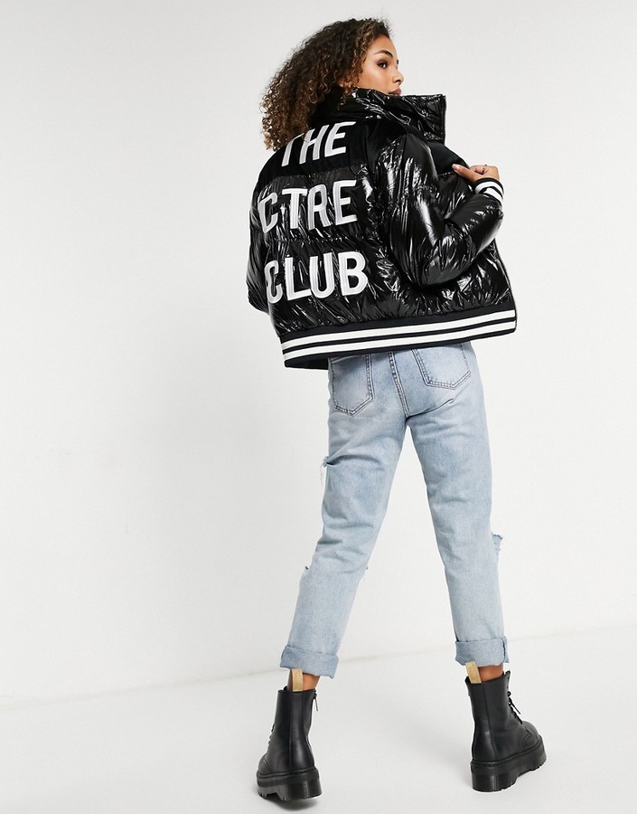 The Couture Club logo detail velvet cropped padded jacket in black ...