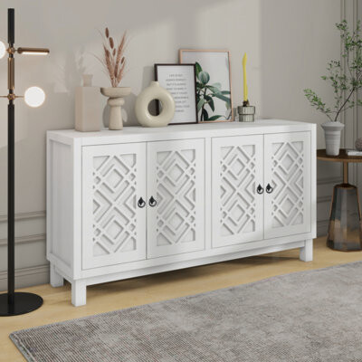 Ebern Designs Large Storage Space Sideboard, 4 Door Buffet Cabinet With Pull Ring Handles For ...