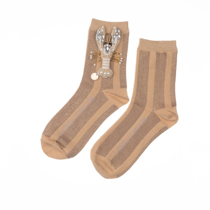 LAINES LONDON - Beige & Gold Shimmer Stripe Socks With Artisan Pearl ...