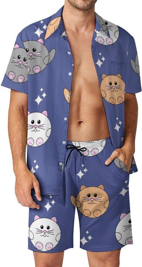XJLAPWS Button-Down Shirt And Short Set Cats Patterns Men's Summer ...