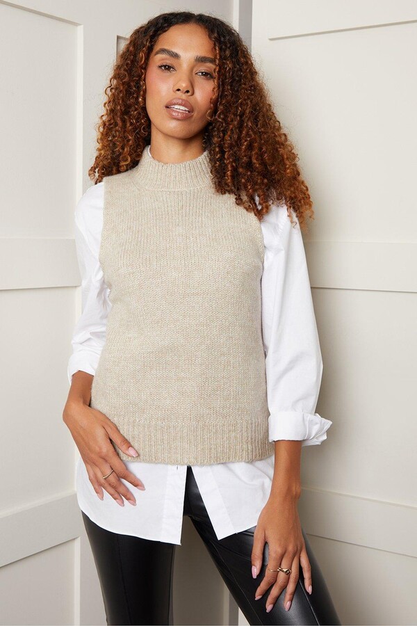 'Hazel' Crew Neck Knitted Vest - Brown - ShopStyle Tops
