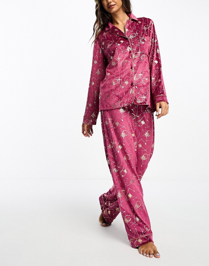 Chelsea Peers celestial velour long pyjama set in burgundy - ShopStyle