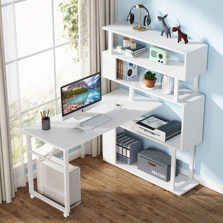 Tribesigns Rotating Computer Desk with Storage Bookshelf Reversible L ...