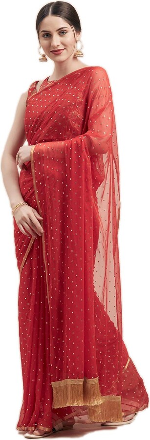 CRAFTSTRIBE Chiffon Stone Work Sari Indian Wedding Bollywood Red Saree ...