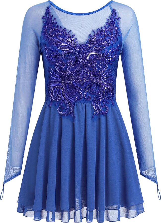 IBAKOM Figure Skating Dress for Women Butterfly Sequin Mesh Sleeve Teen ...