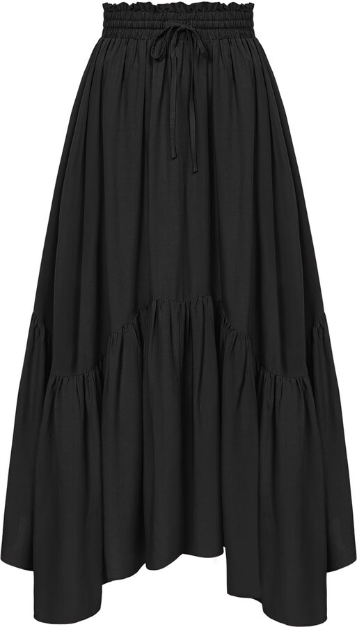 SCARLET DARKNESS Womens Black Tiered Long Skirt Elastic High Waist Midi ...