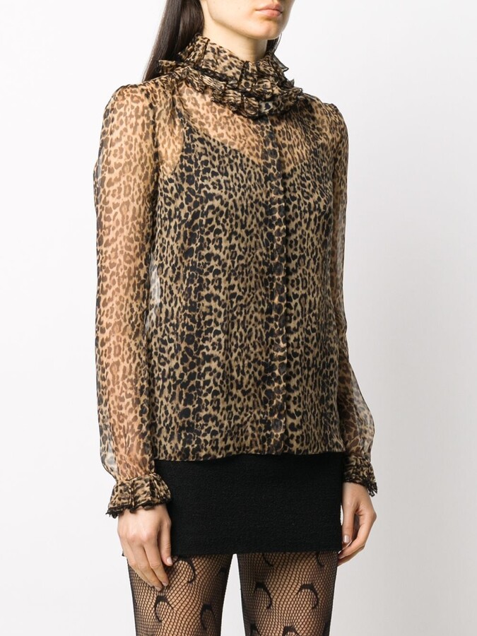 Saint Laurent Leopard Print Ruffle Neck Silk Blouse Shopstyle Long