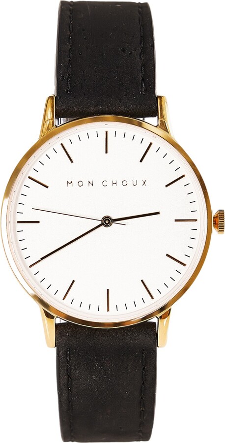 MON CHOUX - Classic White Gold Watch In Black Cork Leather - ShopStyle