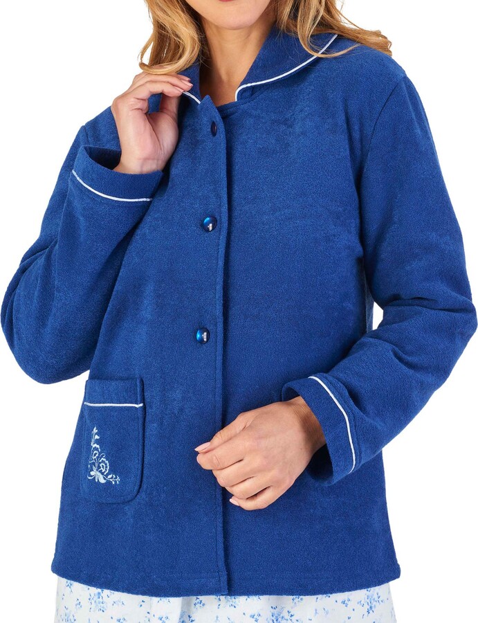 Slenderella Womens Button Up Bed Jacket Soft Boucle Fleece Embroidered ...