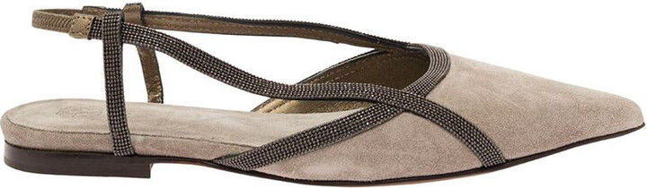 Brunello Cucinelli Grey Sling-Back Ballet Flats with Monile Detail in ...