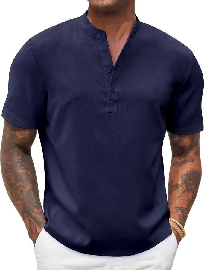 COOFANDY Men's Casual Summer Beach Henley Shirt Band Collar Lightweight Hippie Tee Shirts ...