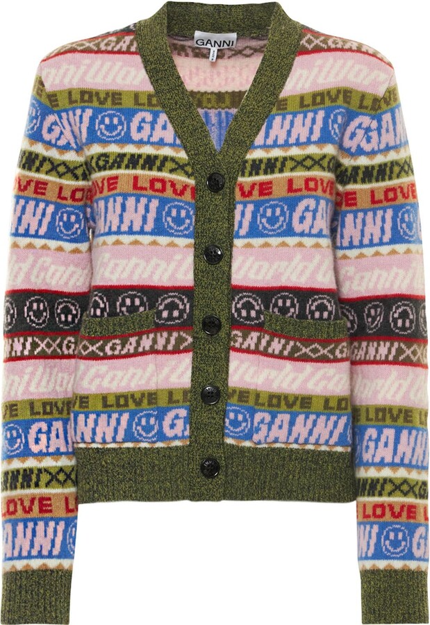 Ganni Graphic knit wool blend cardigan - ShopStyle