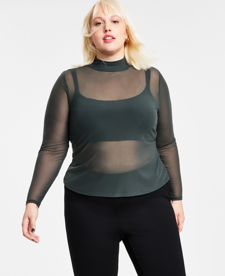 Bar III Plus Size Mesh Mock-Turtleneck Top, Created for Macy's - ShopStyle